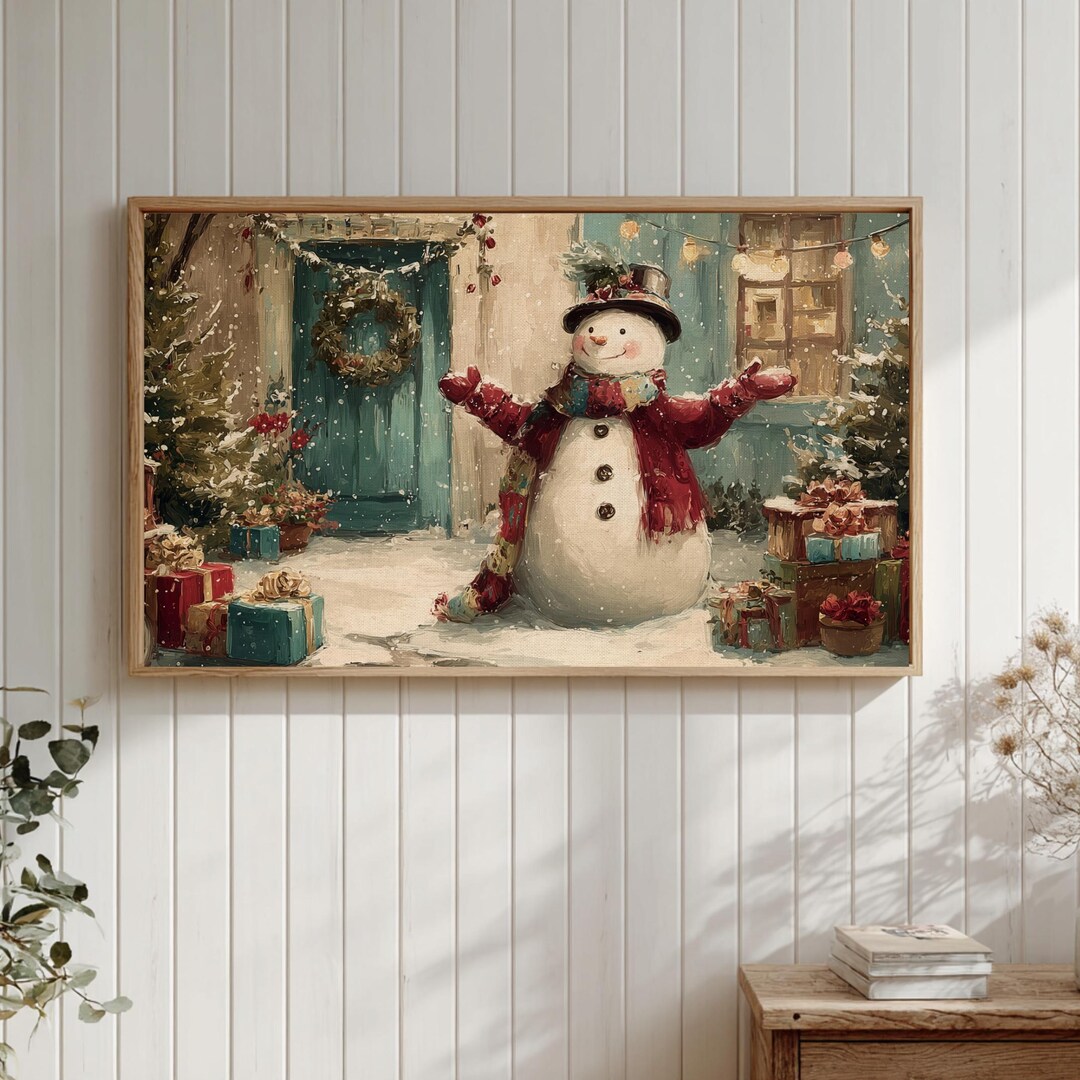 Vintage Snowman Christmas Frame Tv Art, Neutral Winter Painting Holiday ...