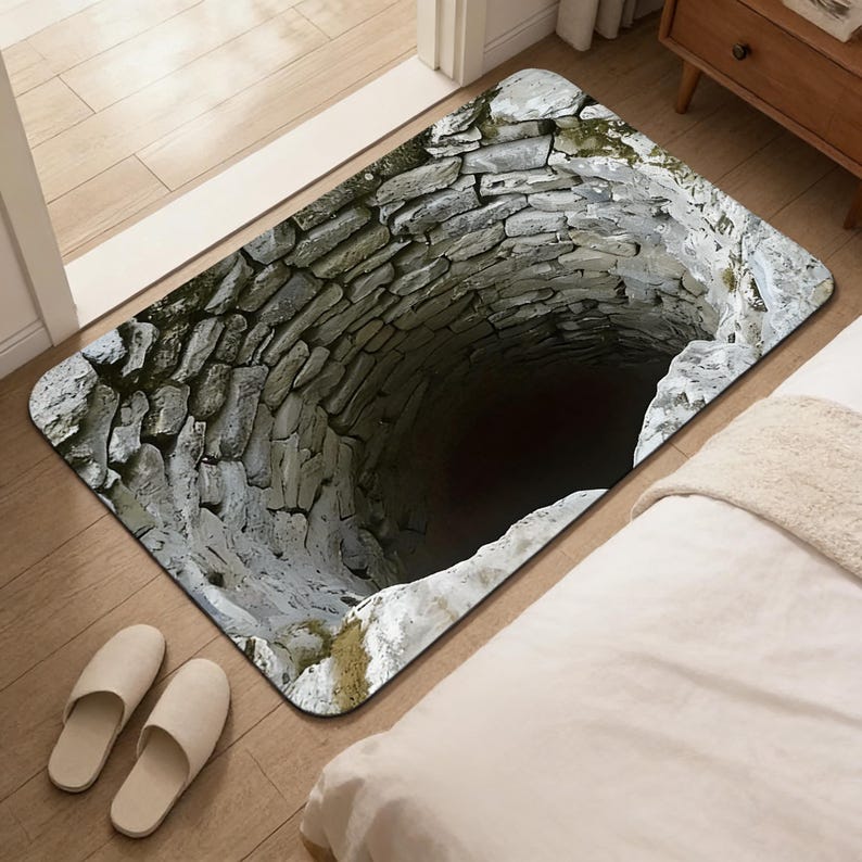 3D Deep Stone Well Optical Illusion Rug, Realistic Cave Hole Doormat ...