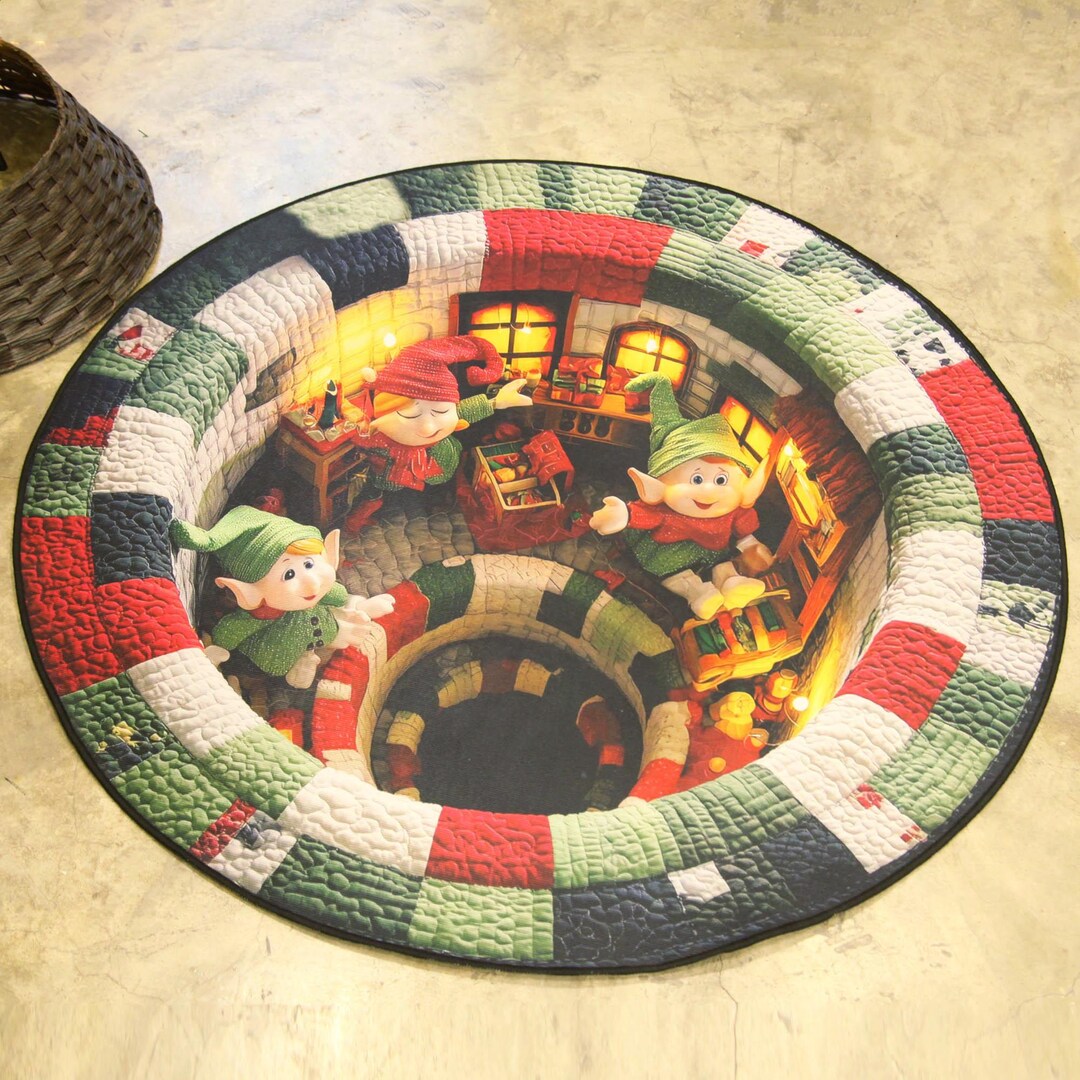 3D Christmas Elf Rug - Festive Quilted Round Carpet, Holiday Living ...