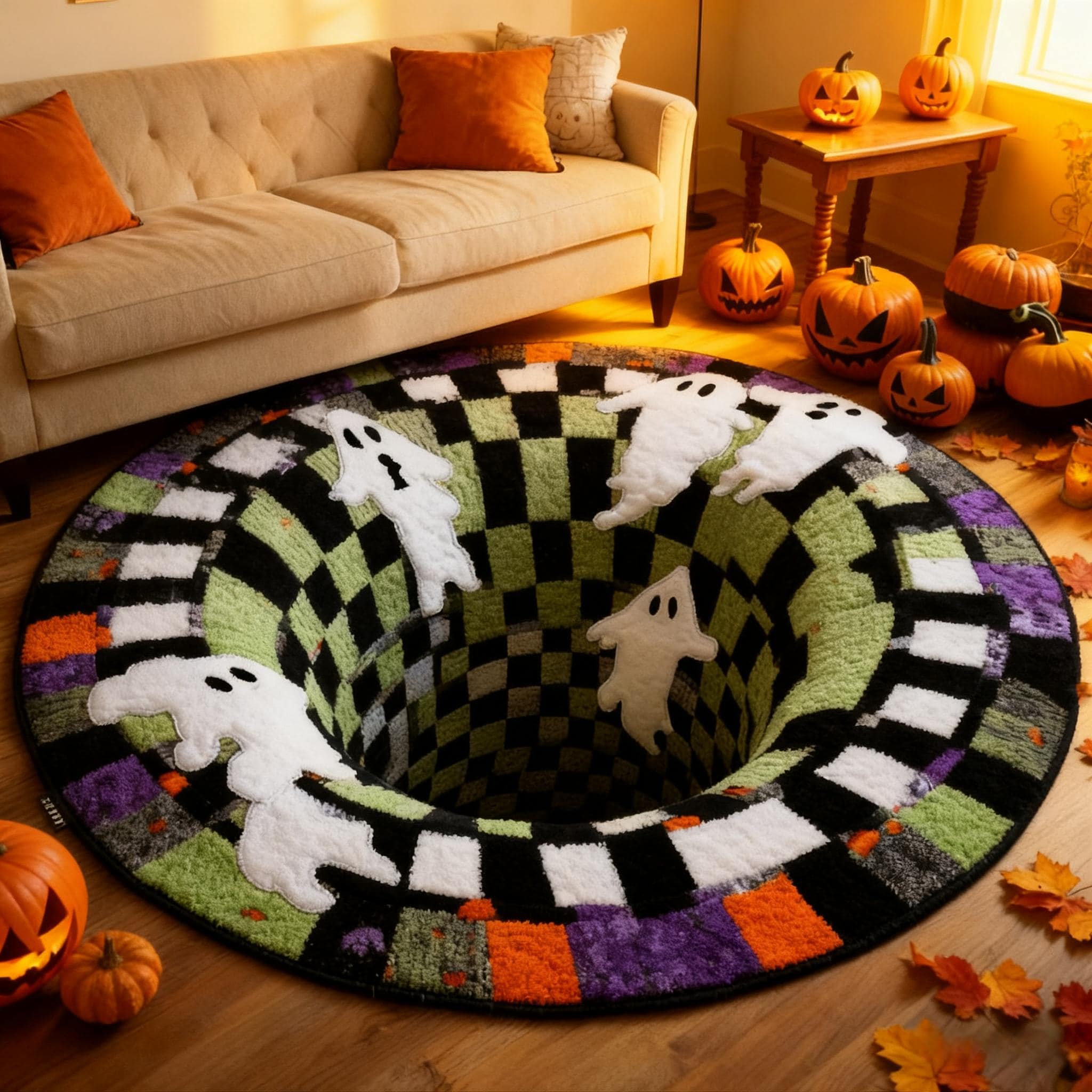 Halloween 3D Optical Illusion Round Rug, Spooky Skeleton Vortex Carpet ...