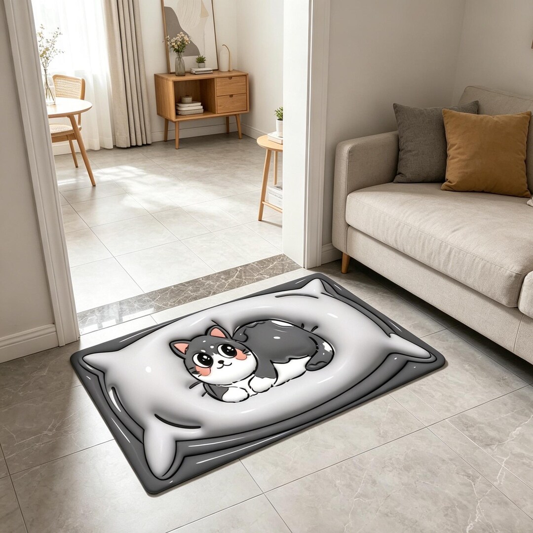 Cute 3D Inflated Cat Bath Mat, Kawaii Gray Cat Doormat, Non-slip ...