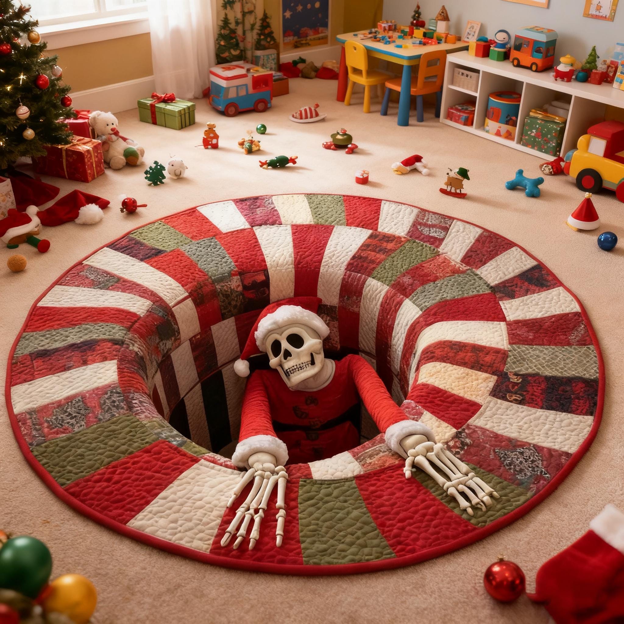 3D Effect Skeleton Santa Christmas Tree , Quilted Patchwork Holiday ...