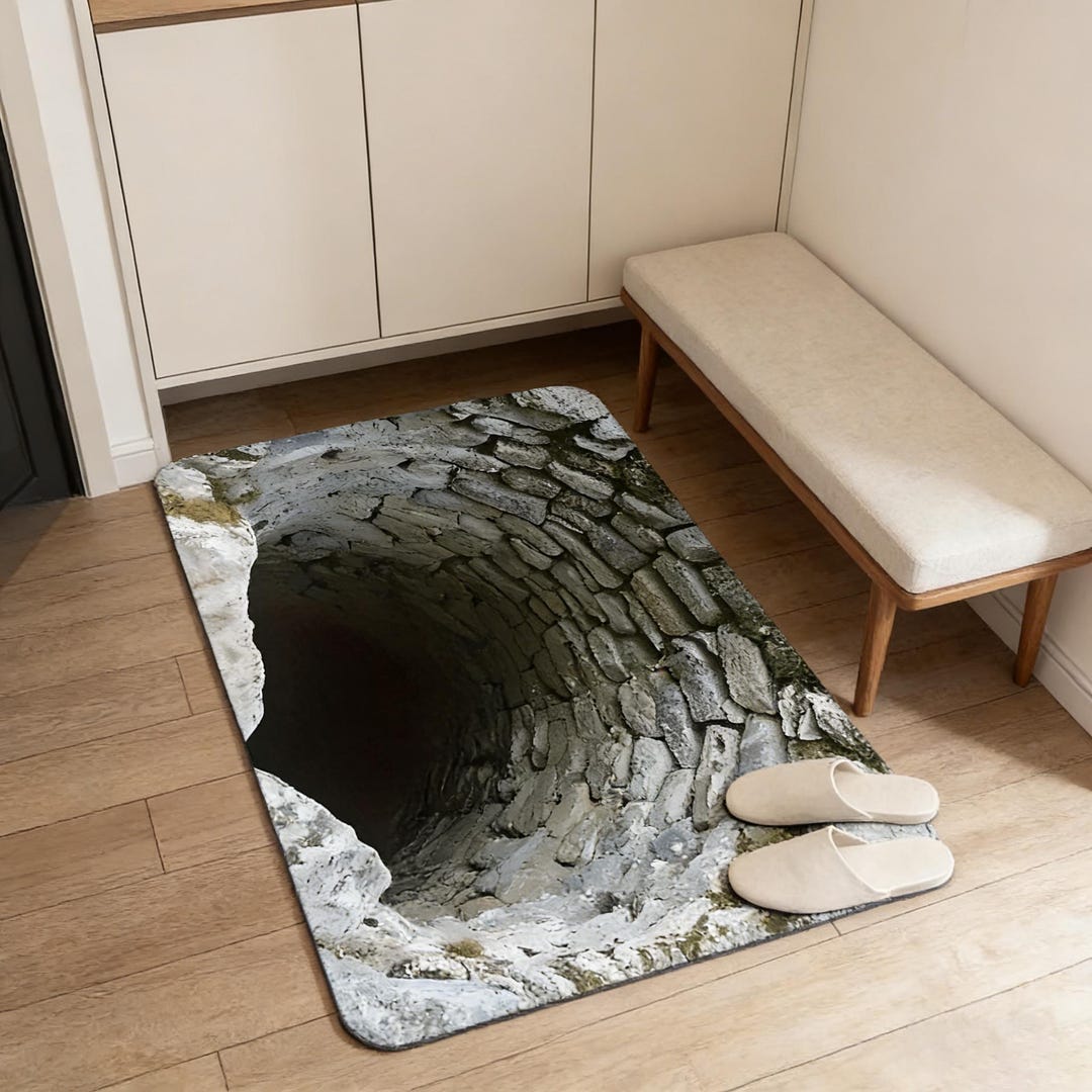 3D Deep Stone Well Optical Illusion Rug, Realistic Cave Hole Doormat ...