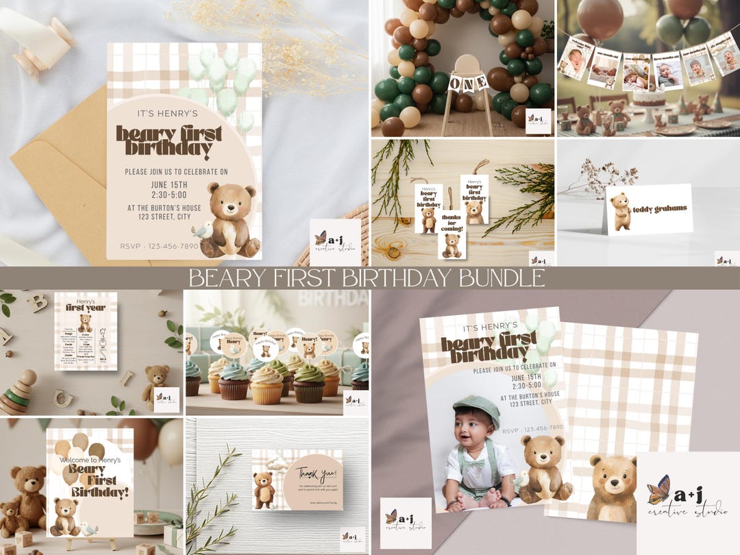 Beary First Birthday Party Bundle, Editable in Canva, Full Beary 1st ...