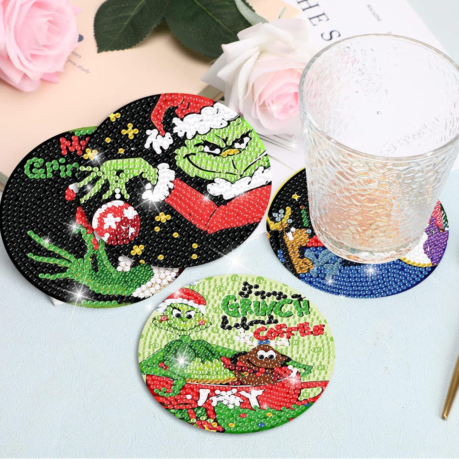 8 PC Grinch Diamond Art Coaster Set - Etsy