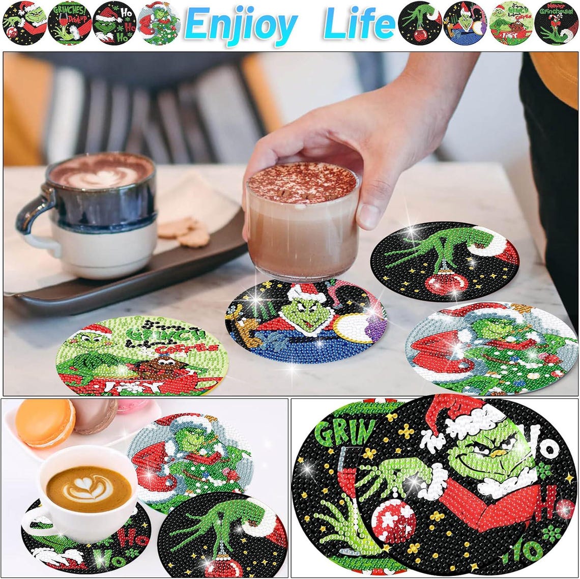 8 PC Grinch Diamond Art Coaster Set - Etsy