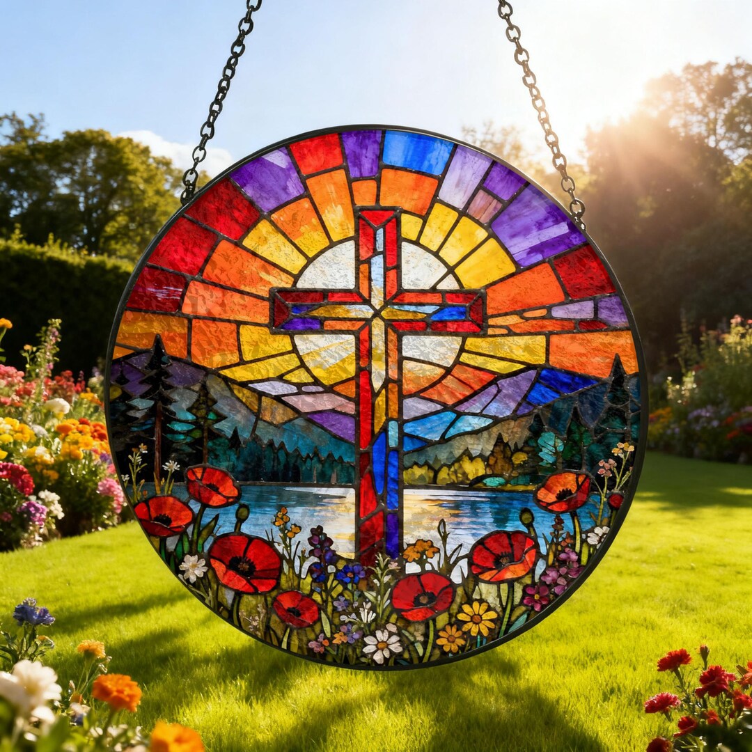 Memorial Cross Sun Catcher Stained Glass Wildflowers Christian ...