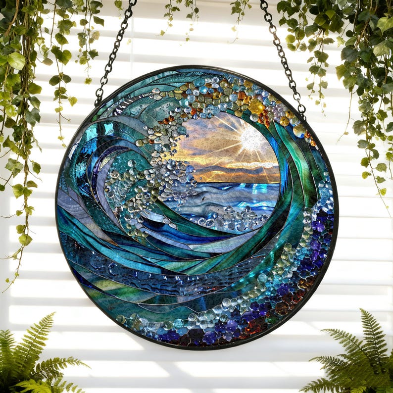 Ocean Wave Stained Glass Suncatcher，beach Coastal Glass Suncatcher ...