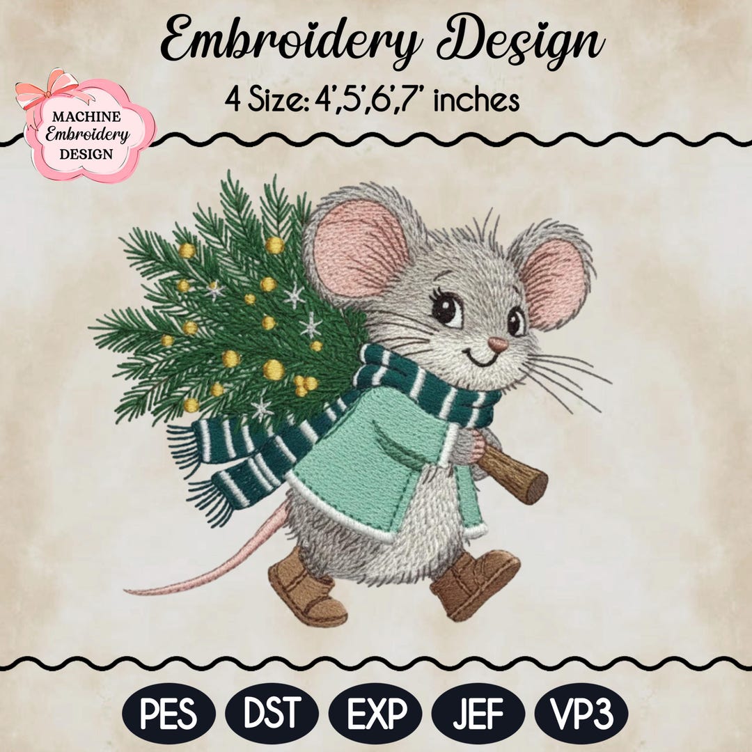 Festive Cute Mouse Embroidery Designs, Christmas Mouse Embroidery ...