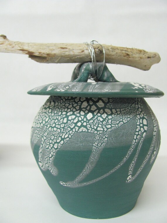 Items similar to Handmade pottery crawling whiteglaze with teal ...