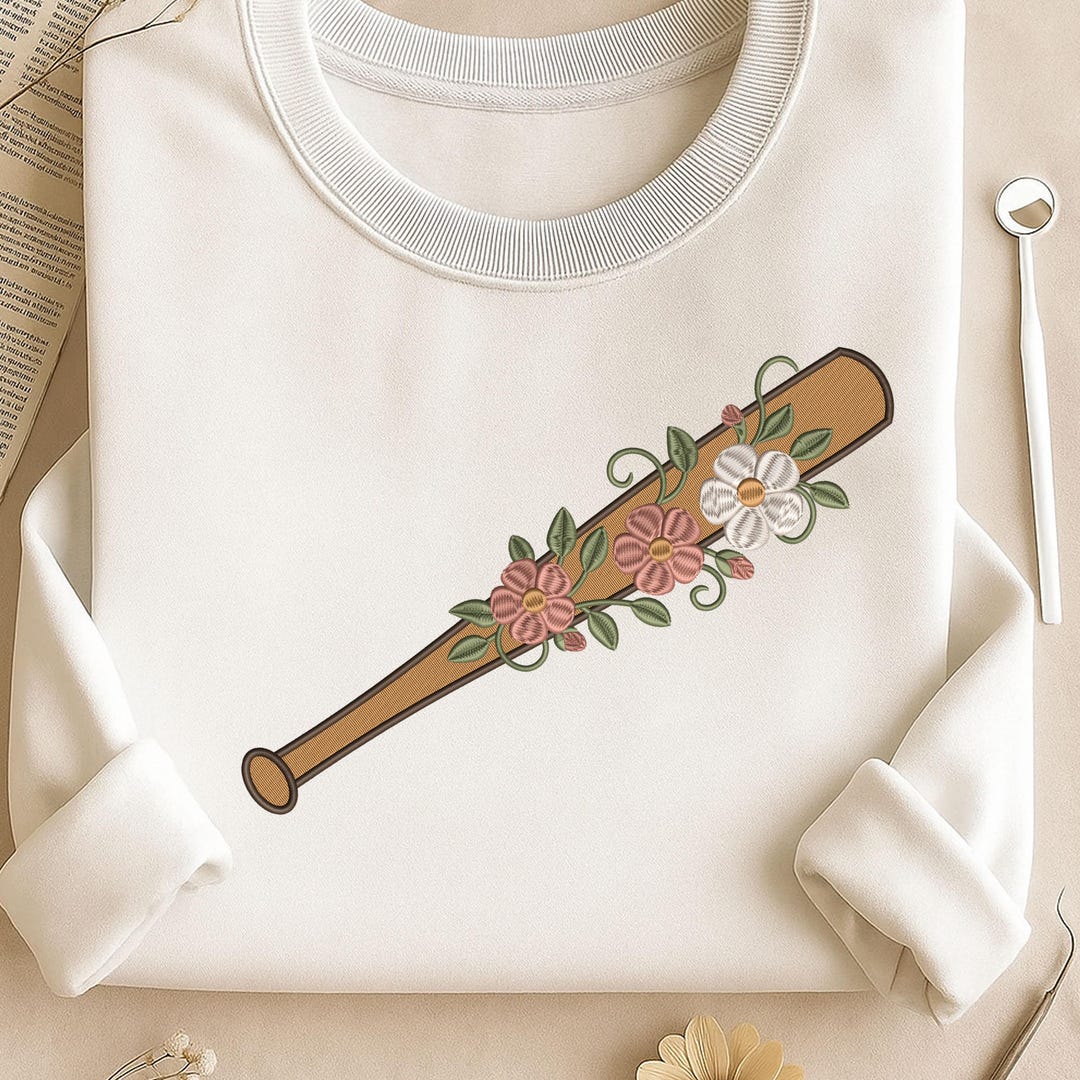 Floral Baseball Bat Embroidery Design, Flower Bat Machine Embroidery ...