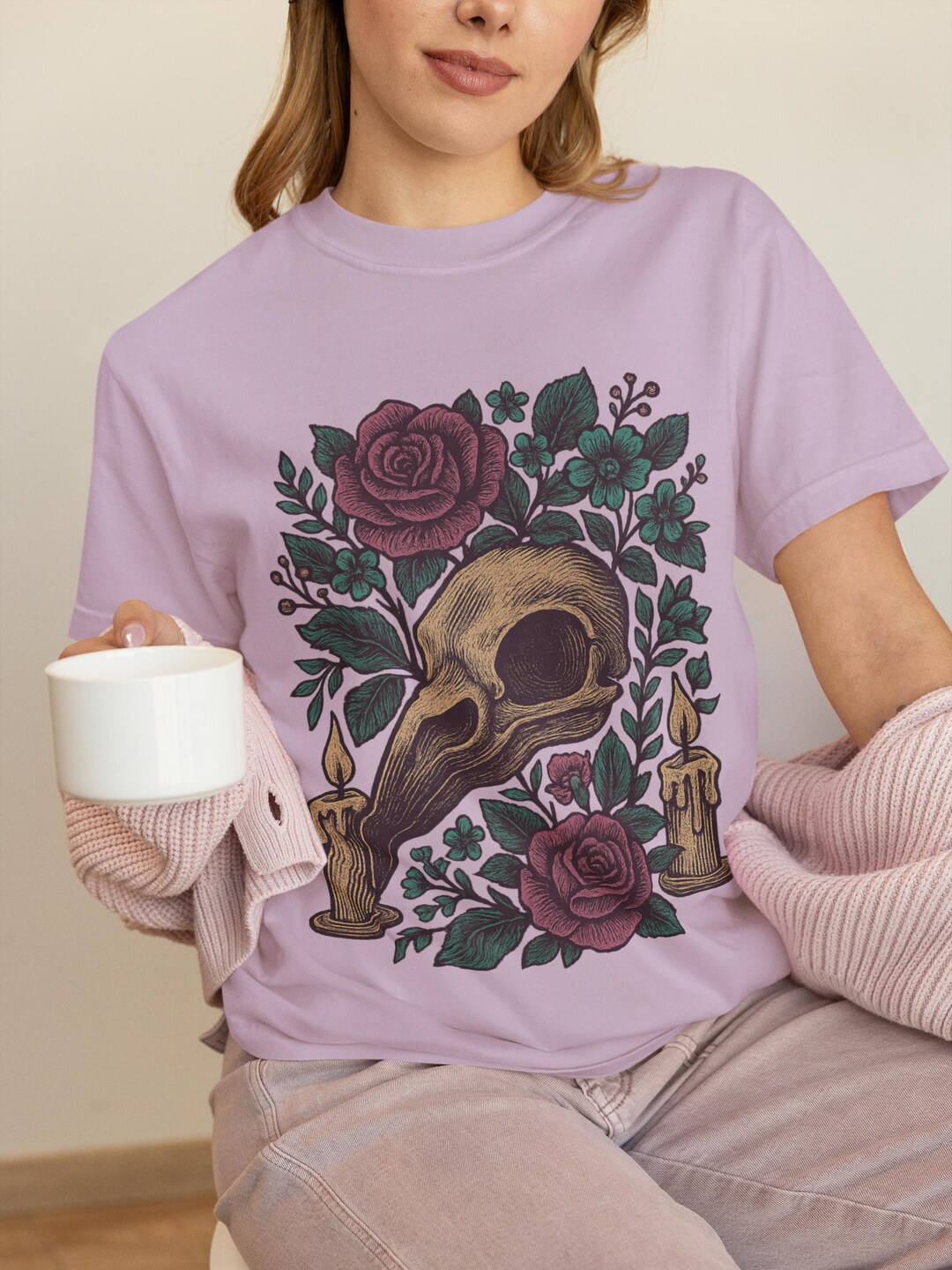 Raven Skull Floral T-shirt: Witchcore Goth Apparel - Etsy