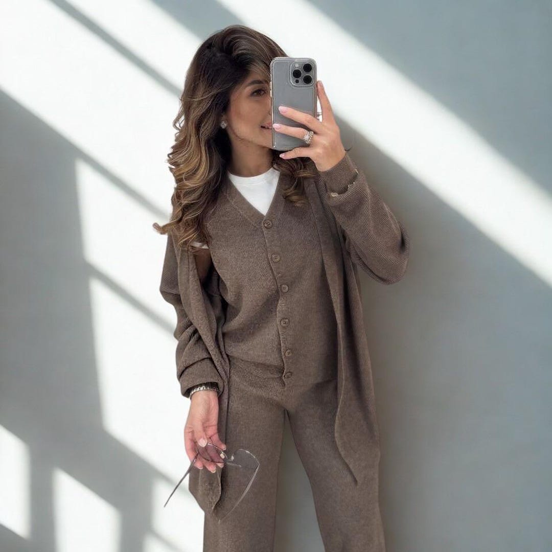 Three-piece Knit Set for Women | Ribbed Angora Cardigan, Vest & Pants ...