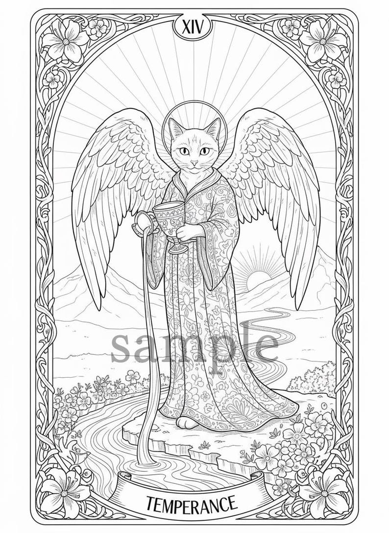 Temperance Cat Tarot Coloring Page | Line Art + Color Sample | PNG ...