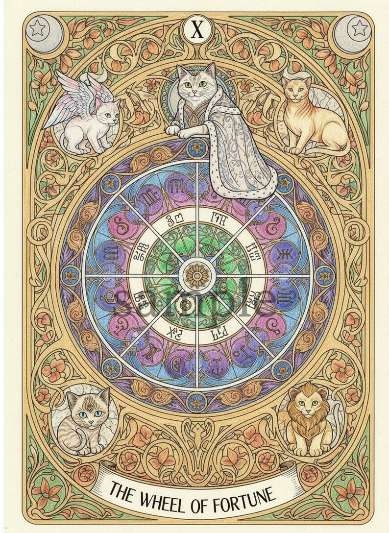 Wheel of Fortune Cat Tarot Coloring Page | Line Art + Color Sample ...