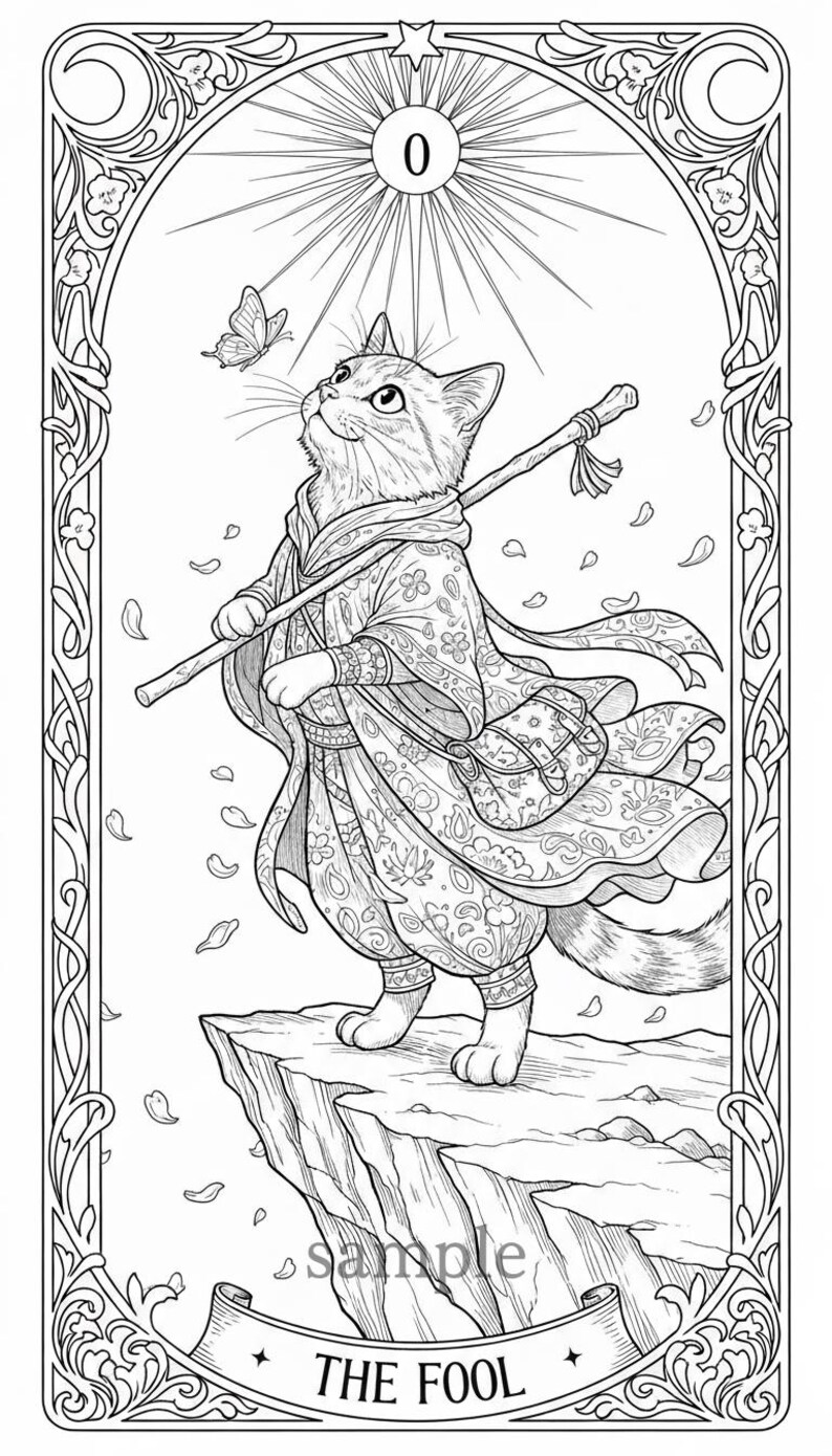 The Fool Cat Tarot Coloring Page | Line Art + Color Sample | PNG ...