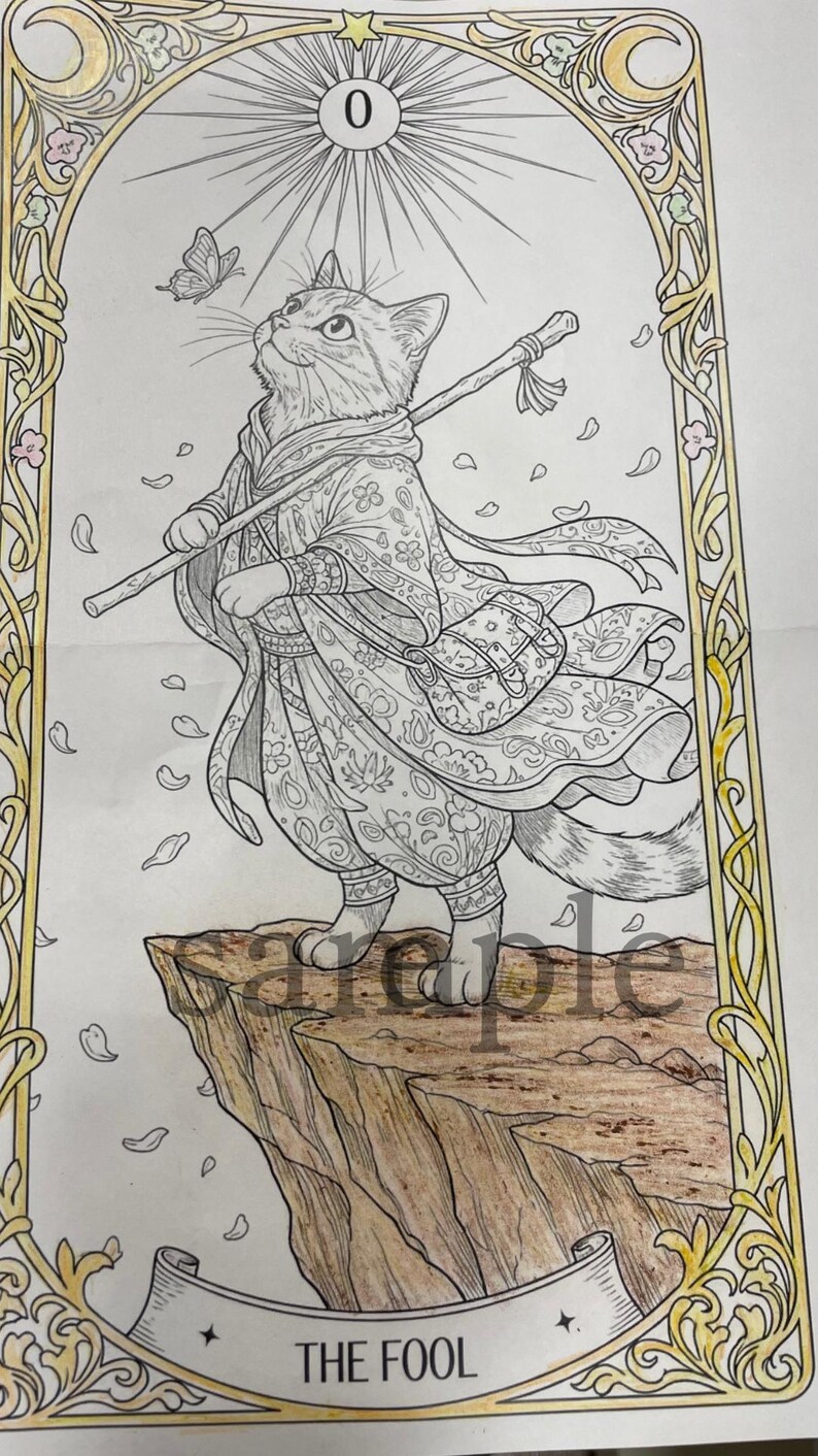 Wheel of Fortune Cat Tarot Coloring Page | Line Art + Color Sample ...