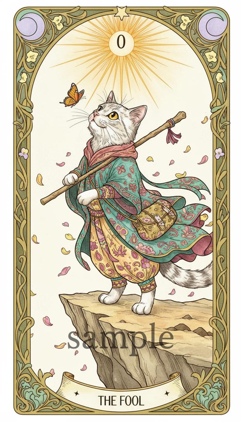 The Fool Cat Tarot Coloring Page | Line Art + Color Sample | PNG ...