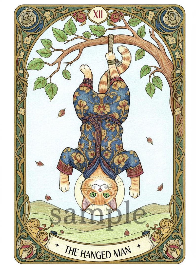 The Hanged Man Cat Tarot Coloring Page | Line Art + Color Sample | PNG ...