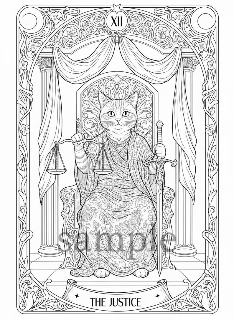 Justice Cat Tarot Coloring Page | Line Art + Color Sample | PNG ...