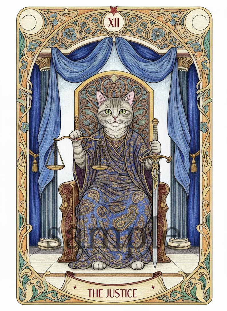 Justice Cat Tarot Coloring Page | Line Art + Color Sample | PNG ...