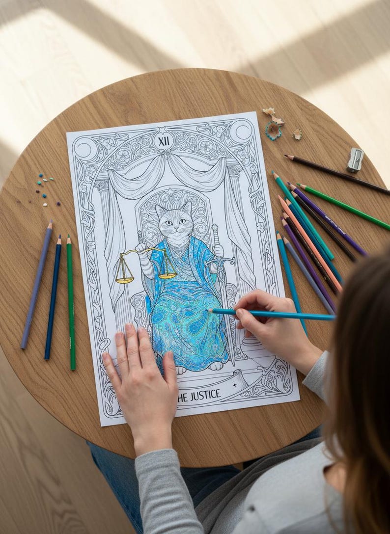 Justice Cat Tarot Coloring Page | Line Art + Color Sample | PNG ...