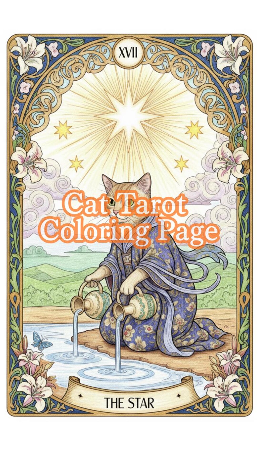 The Star Cat Tarot Coloring Page | Line Art + Color Sample | PNG ...