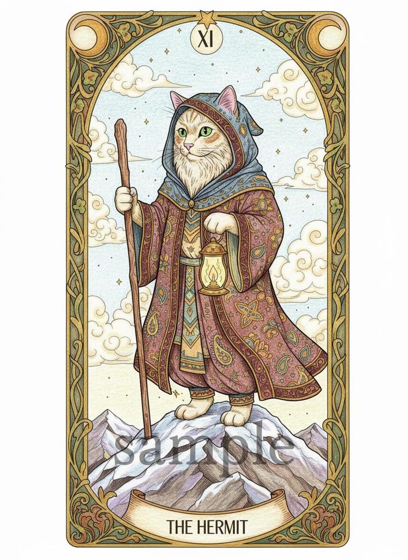 The Hermit Cat Tarot Coloring Page | Line Art + Color Sample | PNG ...