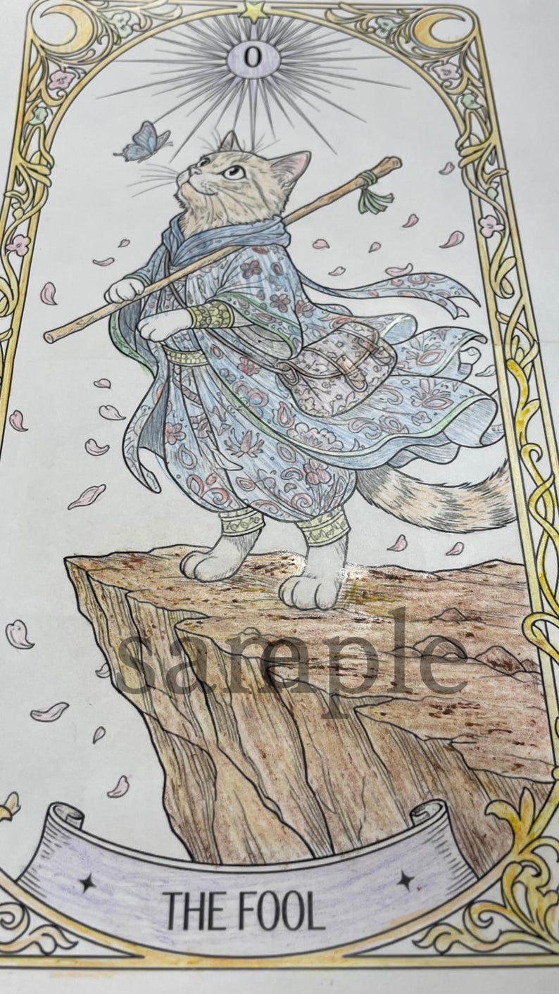 The Hanged Man Cat Tarot Coloring Page | Line Art + Color Sample | PNG ...