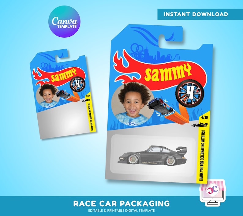 Editable Race Car Packaging, Toy Car Party Favor Card: Canva Template ...