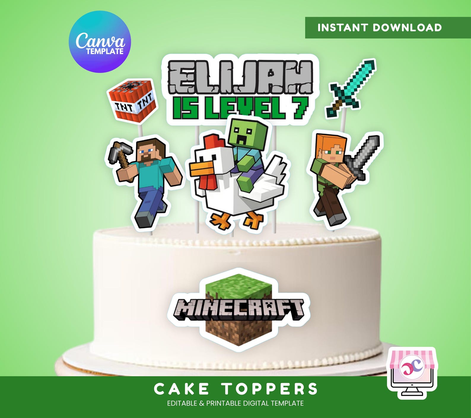 Editable Pixel Game Birthday Cake Topper, Minecrafter Printable Cake ...