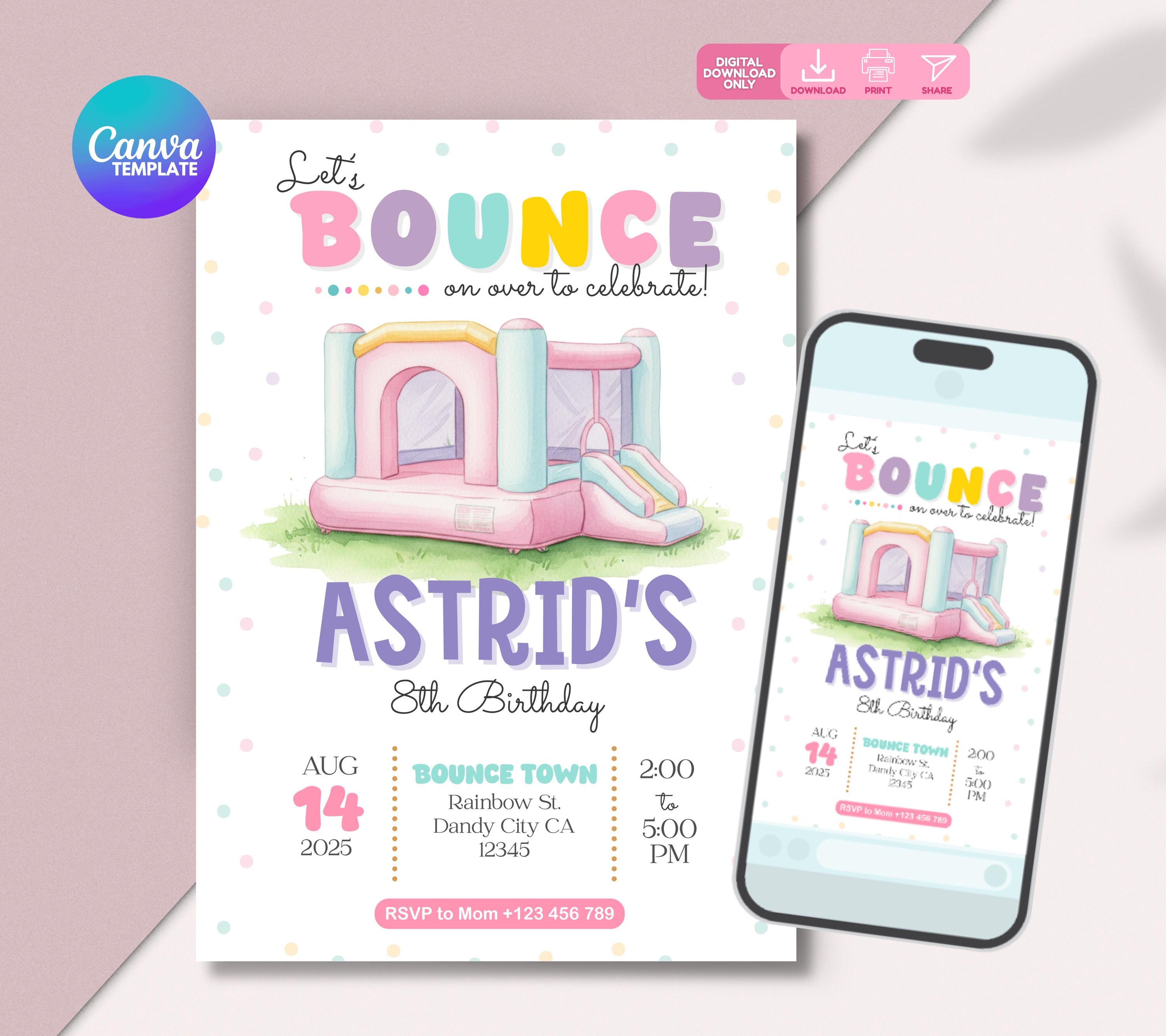 Editable Pink Pastel Bounce House Party Invitation, Bounce Party ...