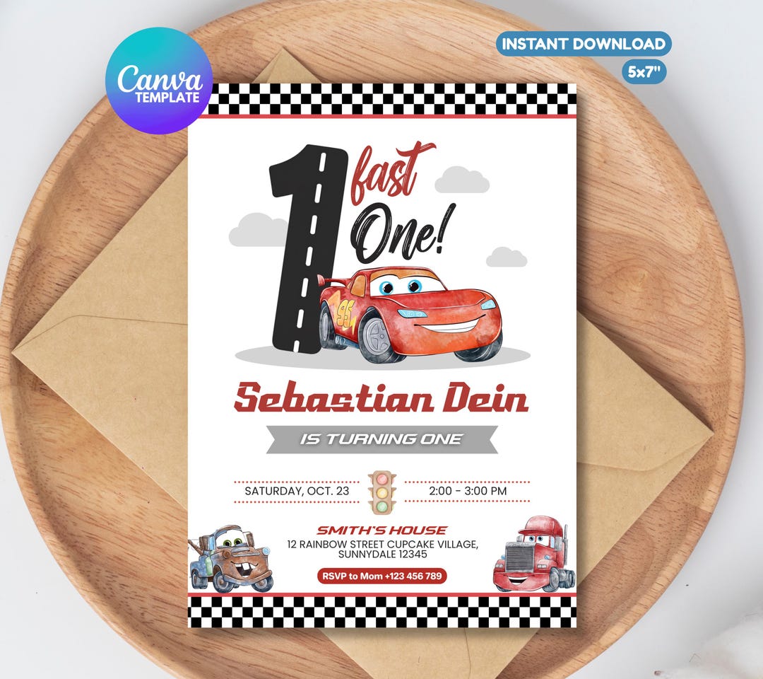 Editable Fast One Cars Racing Invitation, Cars Theme Party Digital ...