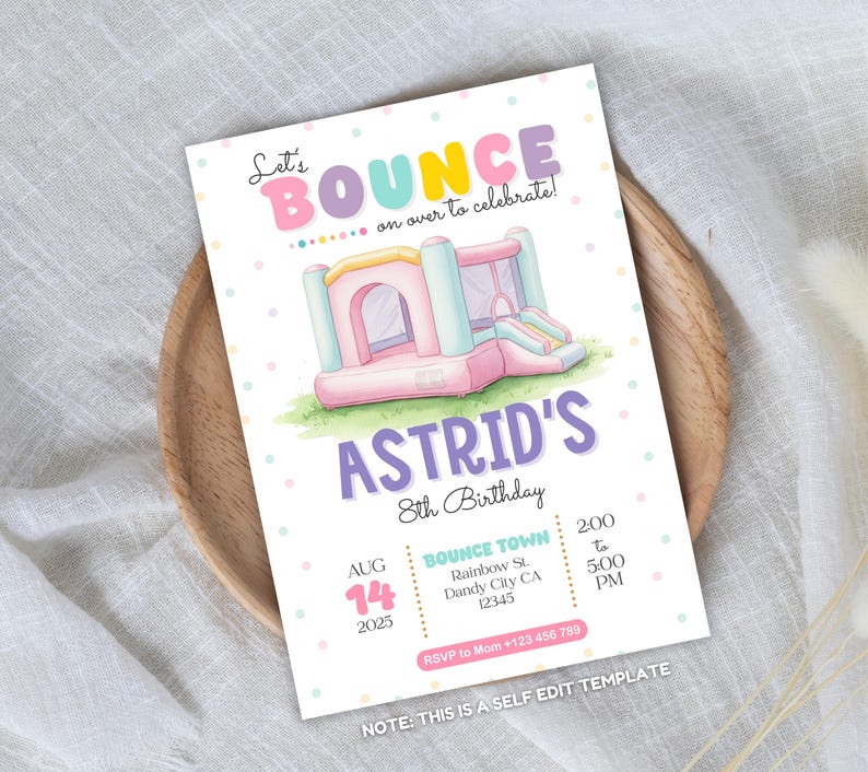 Editable Pink Pastel Bounce House Party Invitation, Bounce Party ...