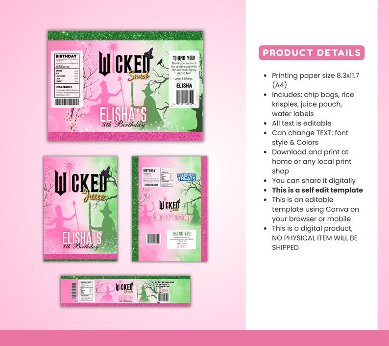 Editable Wicked Party Printables, Chip Bags Juice Pouch Water Rice ...