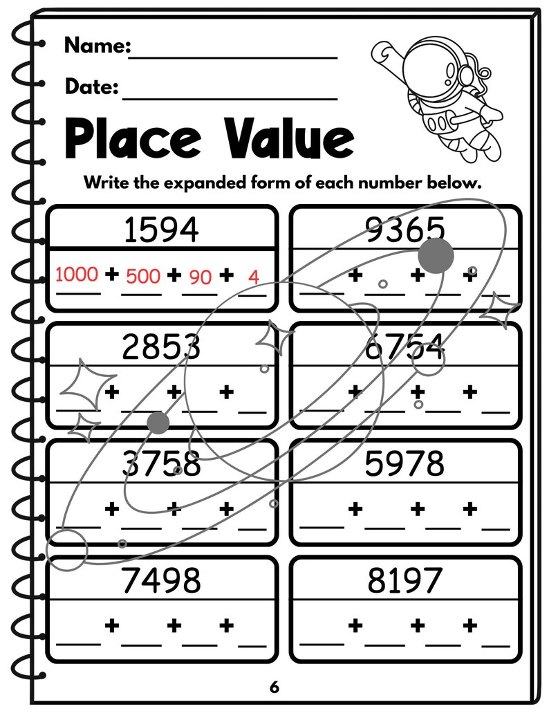 Place Value Worksheets (4-digit Numbers) | Space Theme Math Activities ...