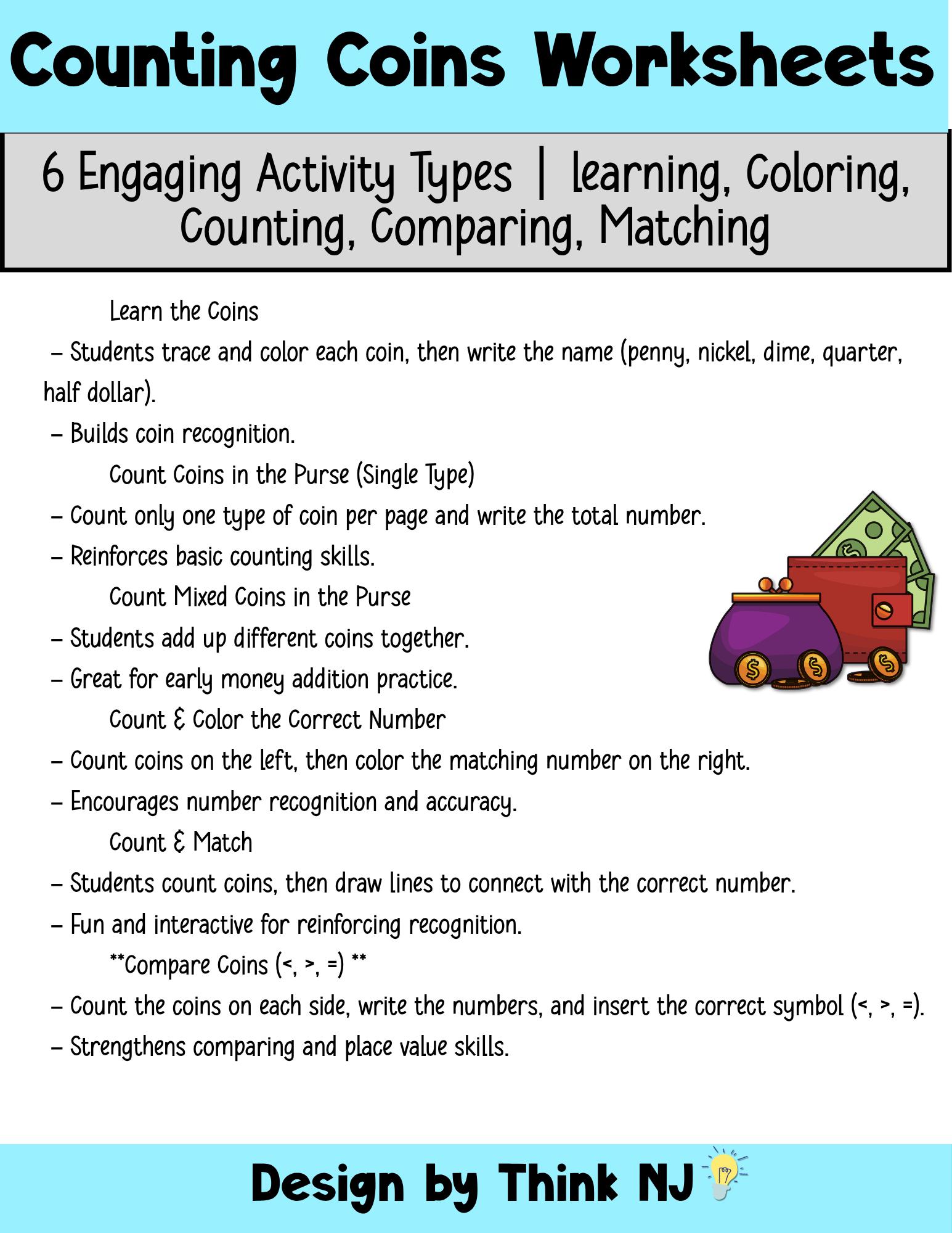 Money Math Worksheets | Identifying, Counting US Coins | 1st, 2nd Grade ...