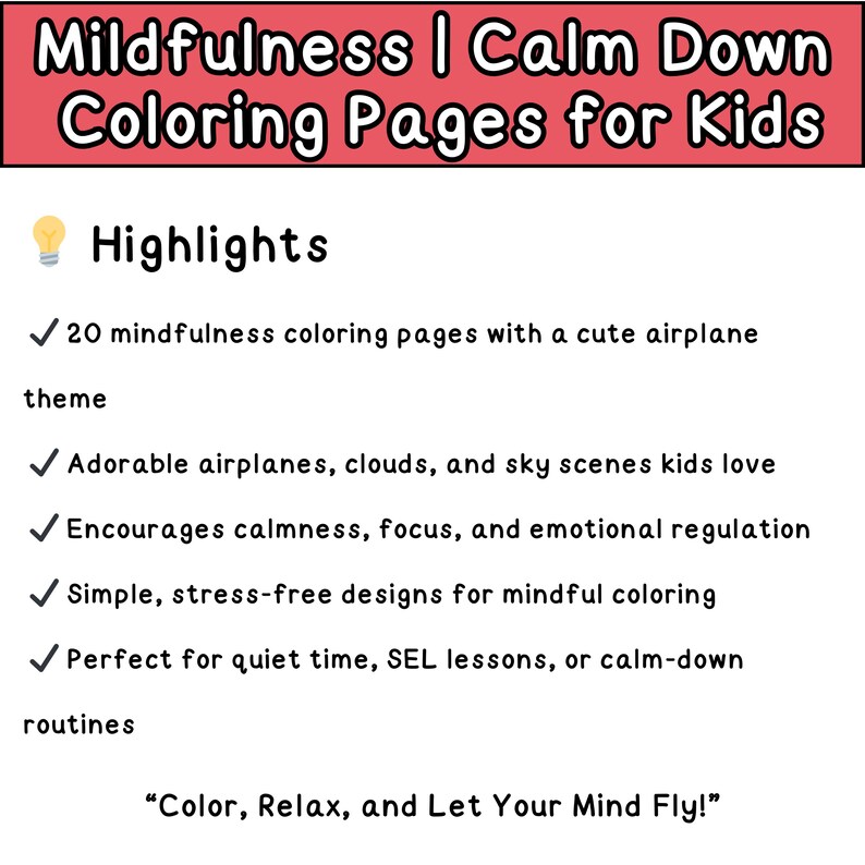 Mindfulness Coloring Pages for Kids | Cute Airplane Theme | Calm Down ...