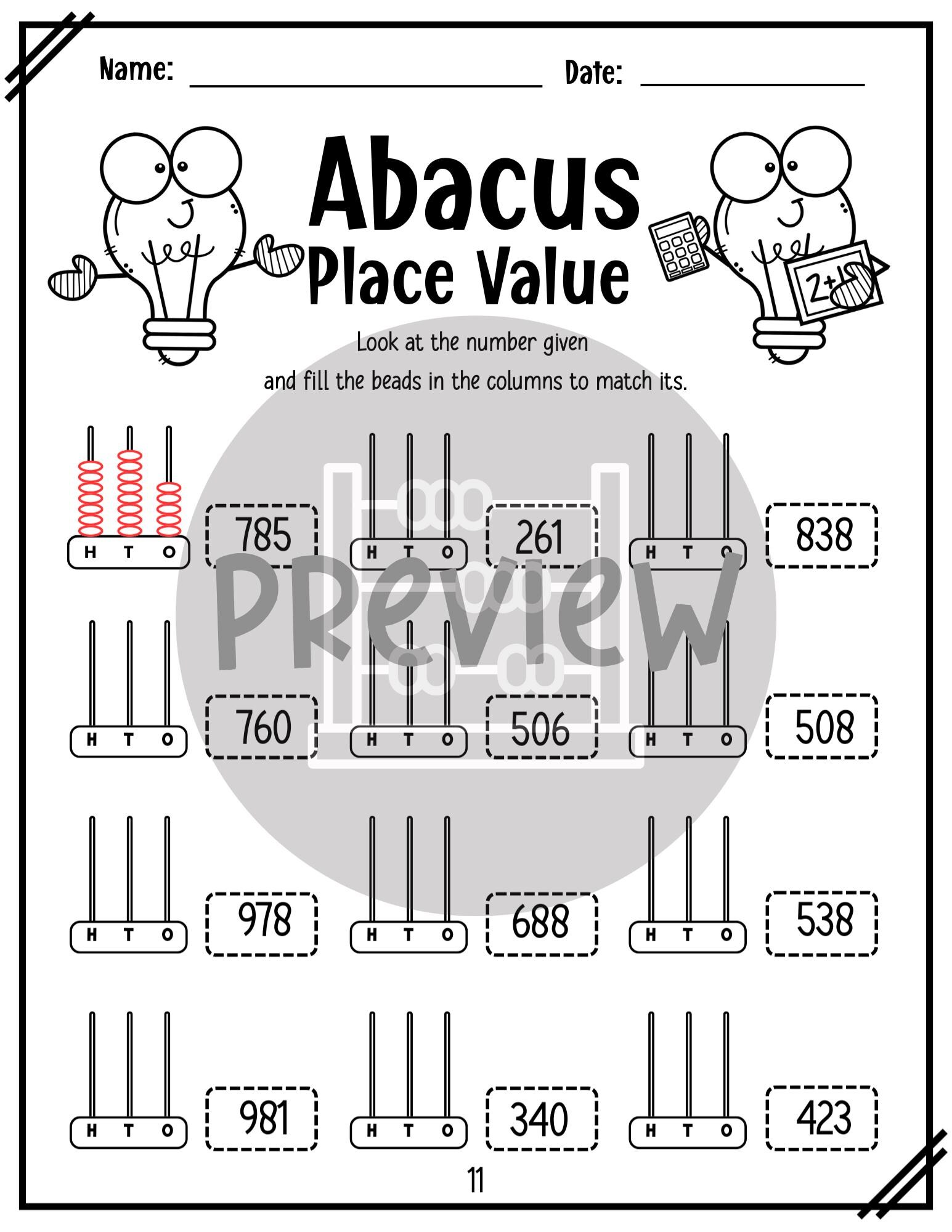 Abacus Place Value Worksheets (3-digit Numbers) | 4 Types of Math ...