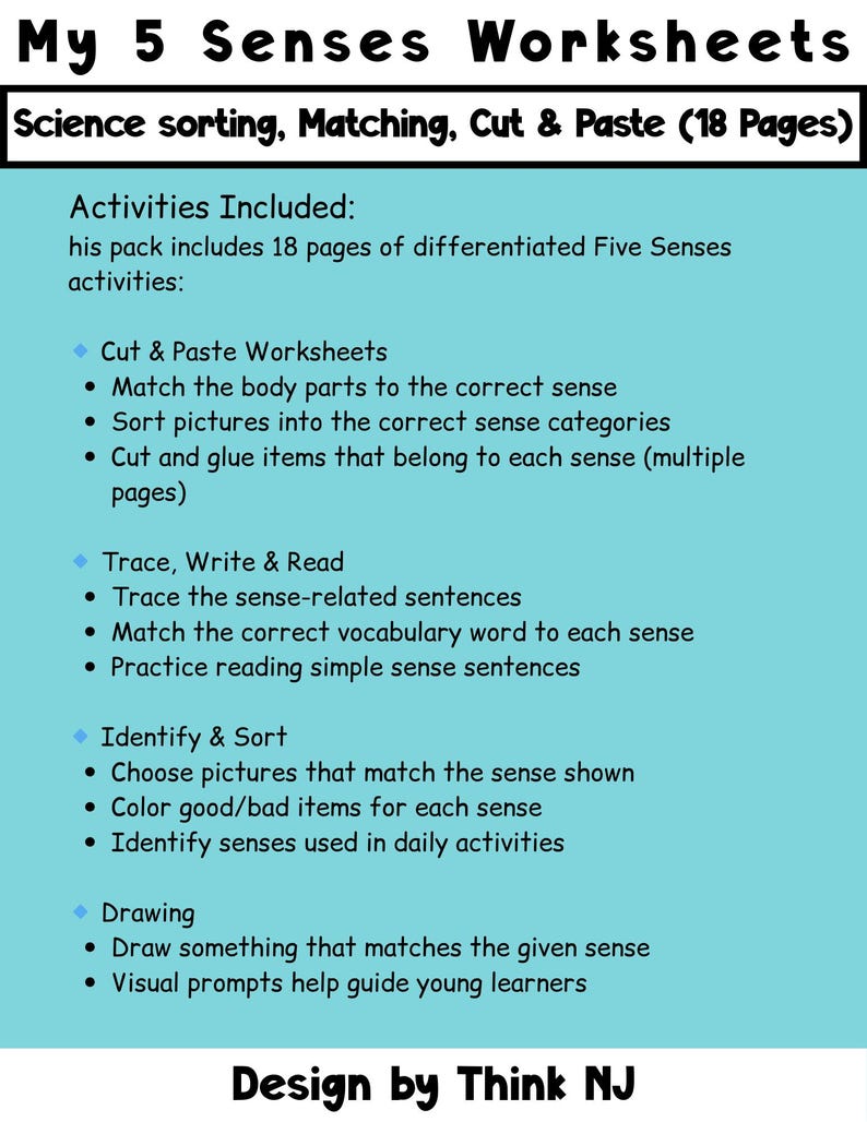 Five Senses Worksheets | Cut and Paste, Matching, Sorting, Tracing ...
