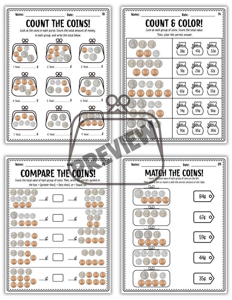 Money Math Worksheets | Identifying, Counting US Coins | 1st, 2nd Grade ...
