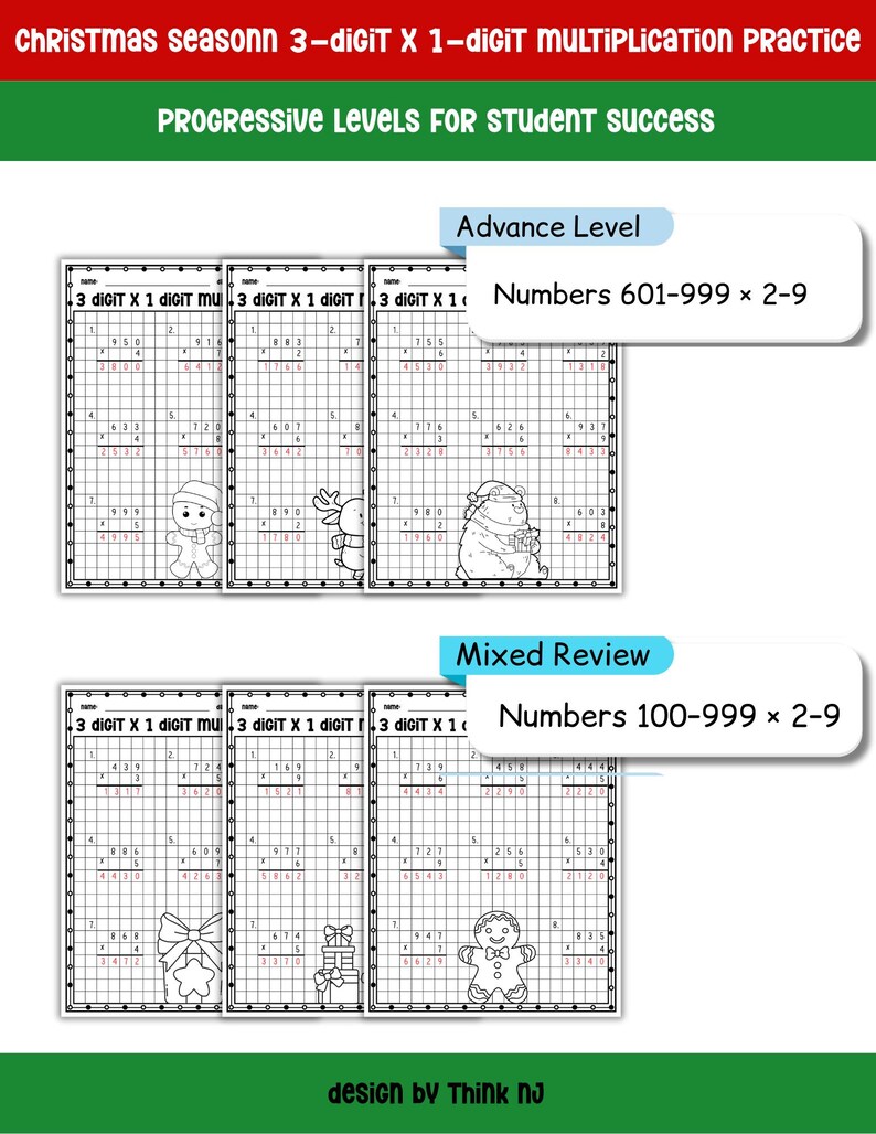 Christmas Multiplication Worksheets | 3-digit by 1-digit | Progressive ...