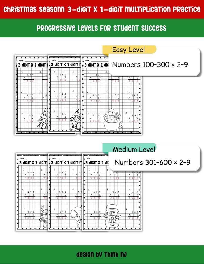 Christmas Multiplication Worksheets | 3-digit by 1-digit | Progressive ...