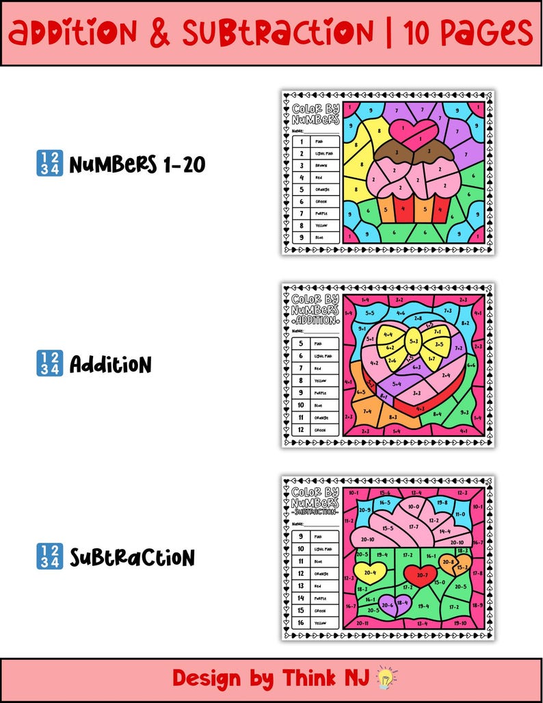 Valentine Color by Number | Numbers 1–20, Addition & Subtraction ...