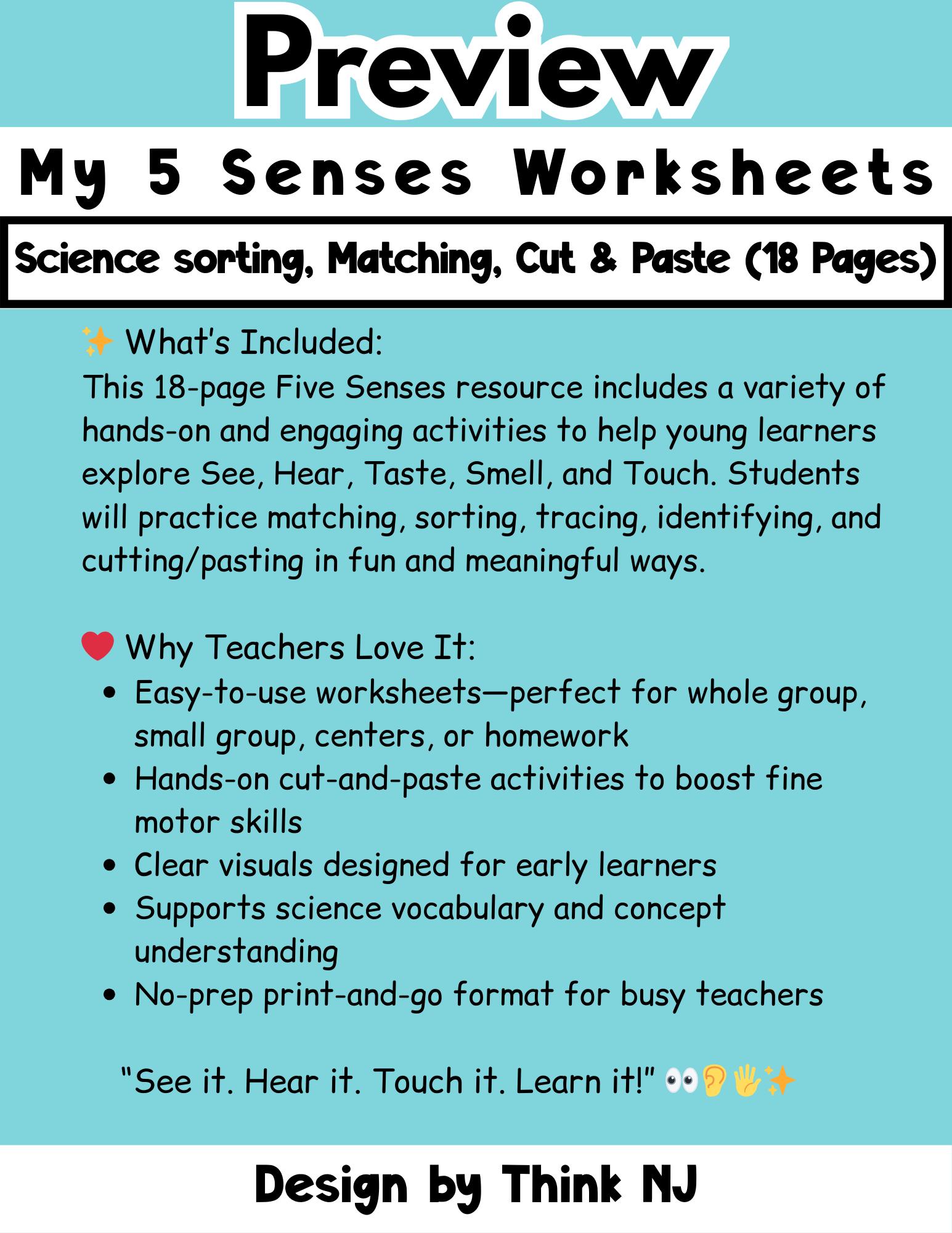 Five Senses Worksheets | Cut and Paste, Matching, Sorting, Tracing ...