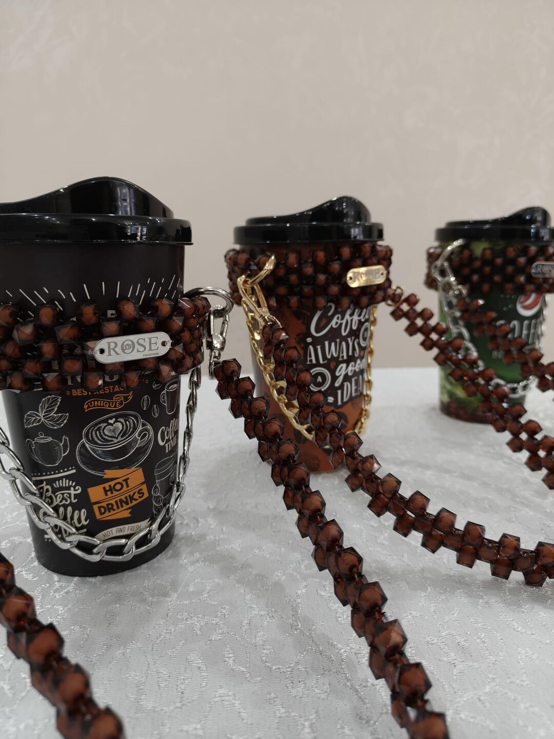 Personalized Beaded Coffee Cup Holder: Handmade Acrylic Chain Handle - Etsy