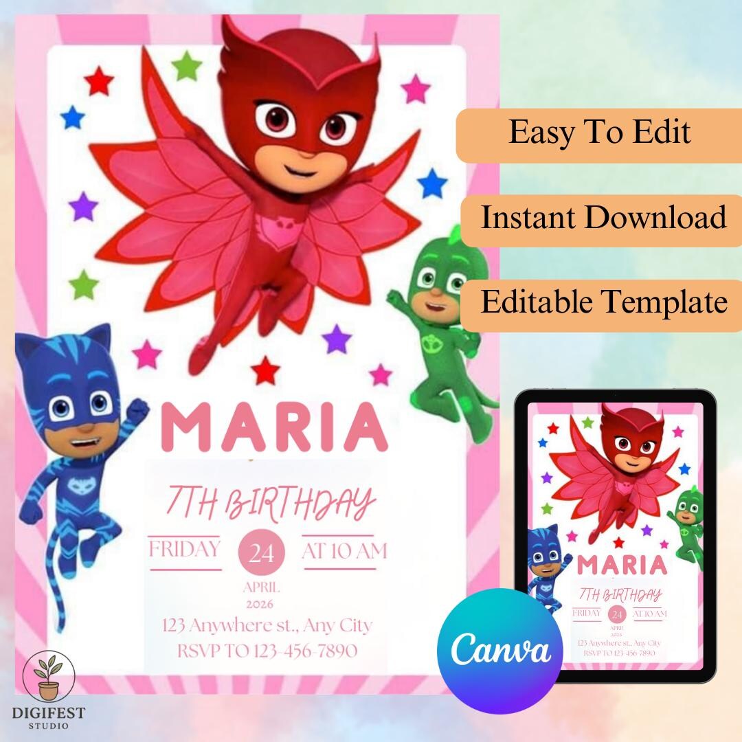 PJ Masks Birthday Invitation | Editable Kids Party Invite | Printable ...