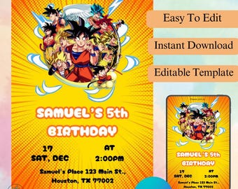 Dragon Theme Digital Birthday Invitation | Editable Anime Party Invite ...