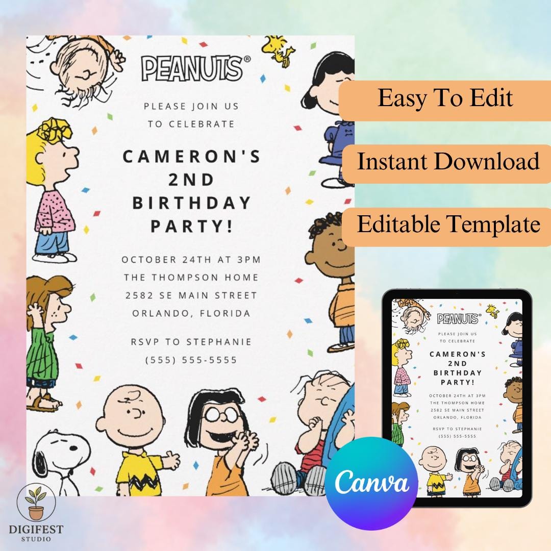 Peanuts Digital Birthday Invitation | Snoopy & Charlie Brown Editable ...