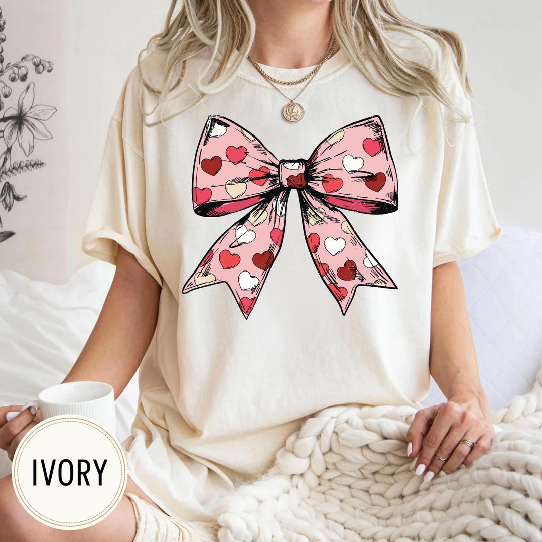 Coquette Valentines Day Vintage Fluffy Heart Bow Shirt, Retro Ribbon ...
